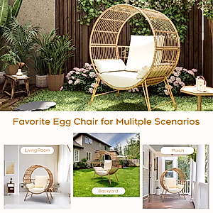 Brafab Outdoor Egg Chair, Oversized Wicker Patio Chairs with 6.69'' Cushions, 350LBS Capacity, Indoor Round Rattan Nest Chair with Stand, Easy Assembly Boho Chair for Living Room, Porch, Backyard