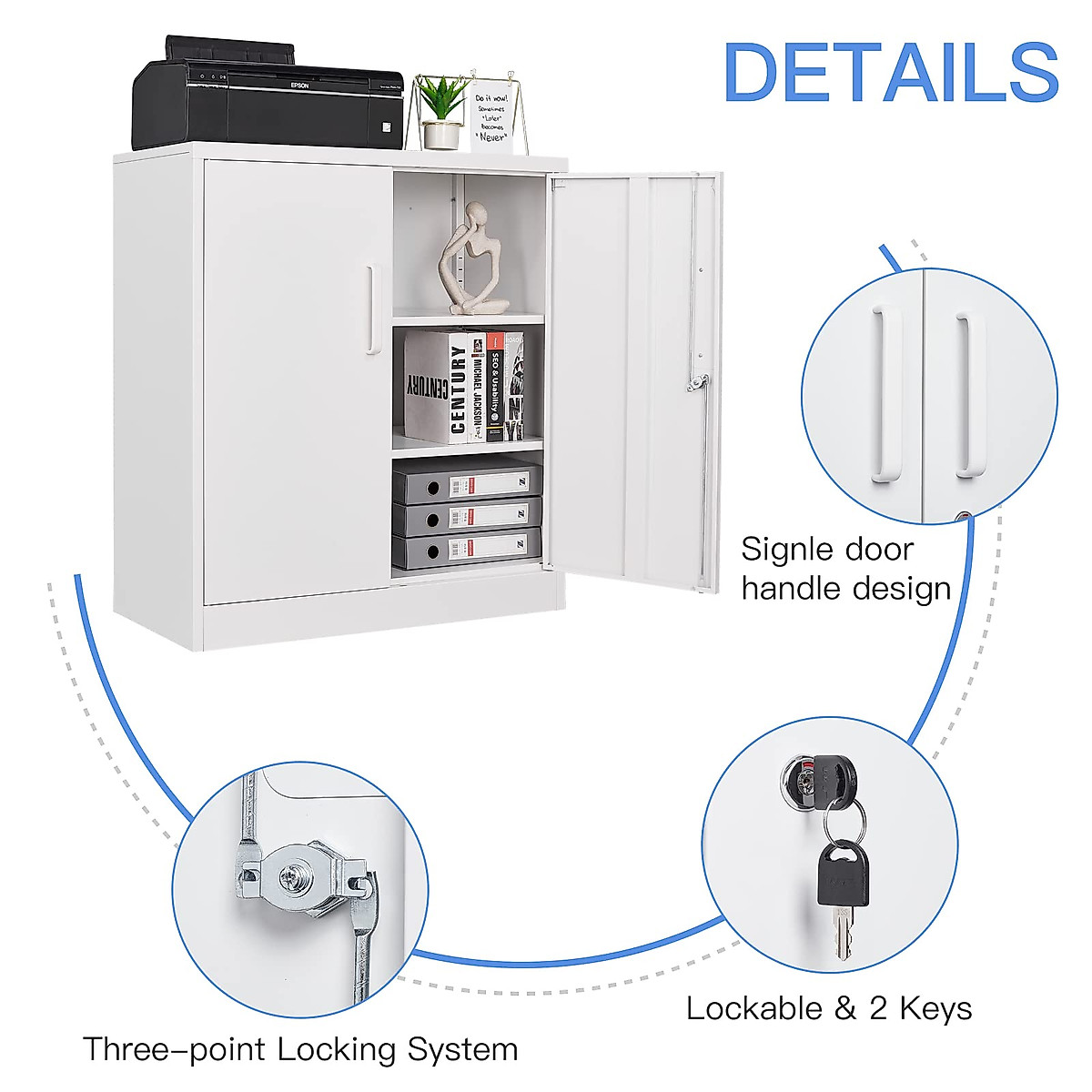 Yizosh Metal Garage Storage Cabinet with 2 Doors and 2 Adjustable Shelves - 35.5" Steel Lockable File Cabinet,Locking Counter Cabinet for Home Office,Garage,Gym,School (White)