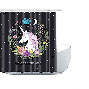 Amagical Unicorns are Real Pattern 16 Piece Bathroom Mat Set Shower Curtain Set Bath Mat Contour Mat Toilet Cover Fabric Shower Curtain with 12 Hooks Black (16)