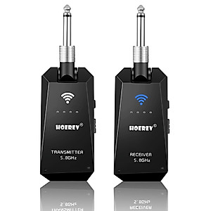HOEREV 5.8GHz Electric Guitar Accessories Wireless Guitar Bass Stand Transmitter Receiver System 4 Channels for Electric Bass Cordless Amplifier Guitar Cable Jack with Rechargeable Lithium Battery