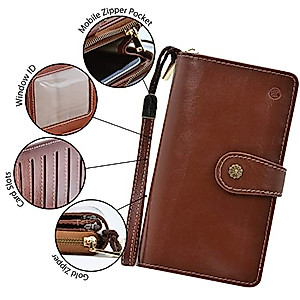 Leather SR Womens Wallet Large Capacity Genuine Leather RFID Blocking Trifold Ladies Wristlet 24 Credit Card Holder Purse With Zipper Coin Pocket (Chestnut Brown Color)