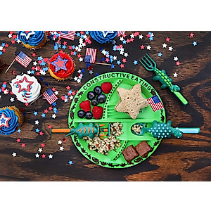 Constructive Eating Made in USA Construction and Dinosaur Combo with 2 Utensil Sets and 2 Plates for Toddlers, Infants, Babies and Kids - Made with Materials Tested for Safety