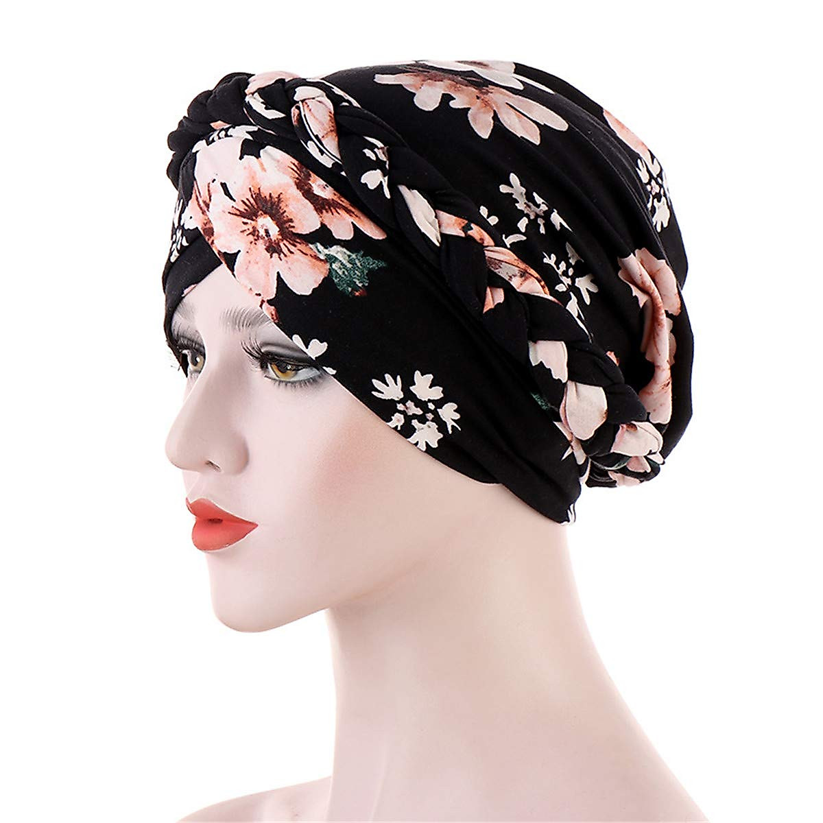 Awlsyj Chemo Cancer Head Hat Cap Ethnic Bohemia Pre-Tied Twisted Braid Hair Cover Wrap Turban Headwear (D Black Pink Flower)