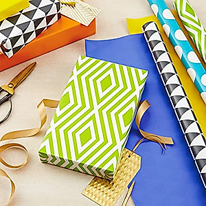 Hallmark All Occasion Reversible Wrapping Paper (3 Rolls; 75 sq. ft. ttl) Black and White Triangles, Dots Blue, Lime Green Diamonds, Solid Yellow, Orange, Blue for Birthdays, Halloween, Father's Day
