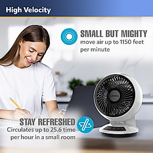 Lasko Whirlwind Orbital Motion Air Circulator Table Fan, 3 Speeds, Timer, Dark Mode, Remote Control for Small and Medium Sized Rooms, White, A12557