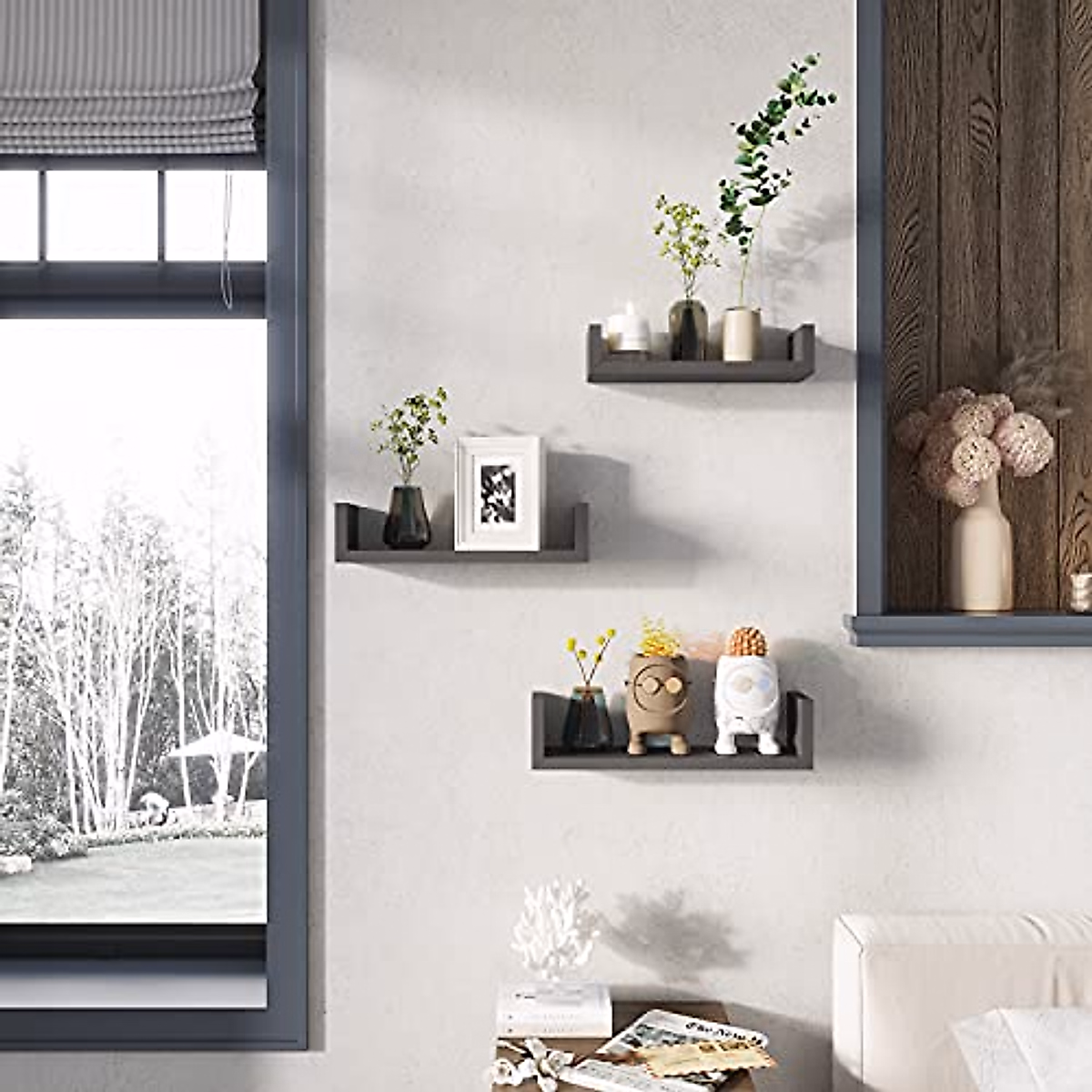 GREENDEW Wall Mounted Floating Shelves Set of 3, Modern Display Hanging Shelves, Wood Storage Shelves for Room, Kitchen, Office, Home Decor (Black)