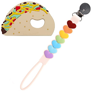 Loulou Lollipop Silicone Teether and Holder Clip Bundle Set - Taco/Sweetheart Rainbow…