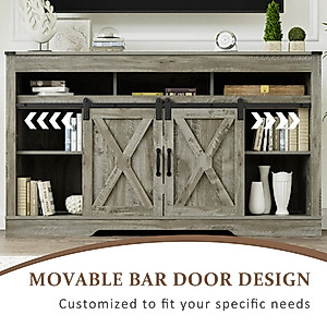RoyalCraft Farmhouse TV Stand with Sliding Barn Door for TVs up to 65+ Inch, 34" Tall Entertainment Center, Wood Media Console Storage Cabinet for Bedroom, Living Room, Light Grey
