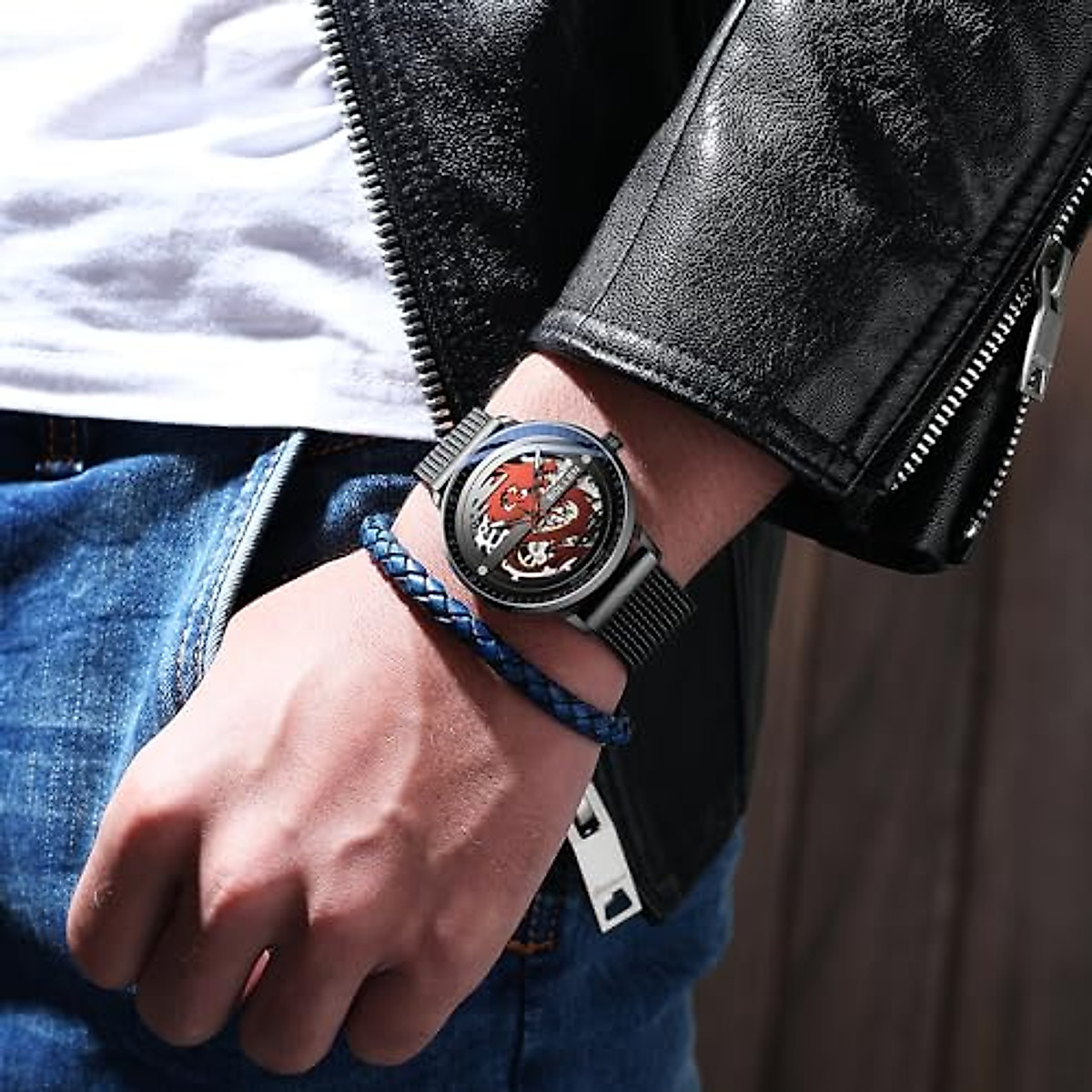 SOLLEN Black Automatic Watches for Men, Minimalist Slim Stainless Steel Watch, Waterproof Skeleton Watch with Dragon Pattern, Gift for Male