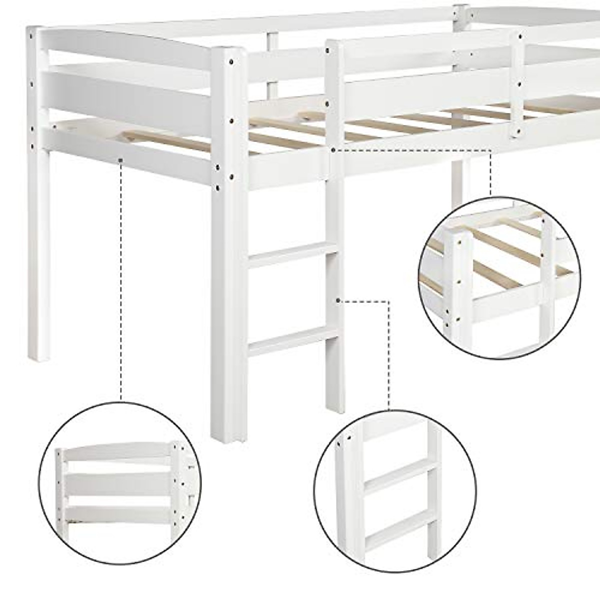 Merax LUMISOL Junior's Low Loft Bed for Kids, Twin Loft Bed with Guard Raill and Built-in Ladder, Bed Bedroom Furniture (White)