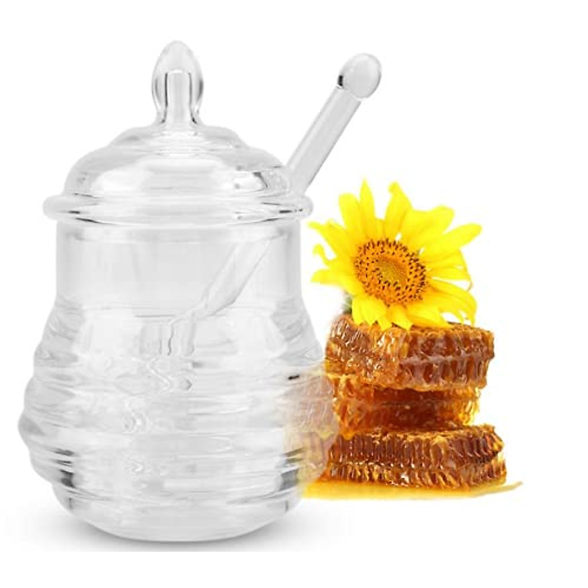 Honey jars ,Honey Jar，with Dipper and Lid Glass Honey Bee Pot, , Clear，15.2oz Glass Beehive Honey Pot for Home Kitchen glass honey pot