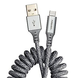 Ventev - Chargesync Helix Cable 14" USB A to USB C, Cloth Covered, Flexible Elastic Recoil Design, Fast Charging, Compatible with iPhone 16/16 Pro/15, MacBook, iPad Pro, Samsung Galaxy S25 - Gray