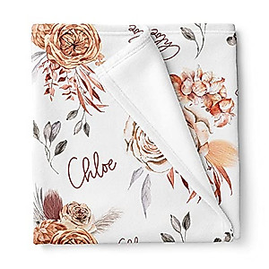 Stork Wares Boho Caramel Floral Personalized Baby Girl Swaddle Blanket, White, 30x40', (BB335)