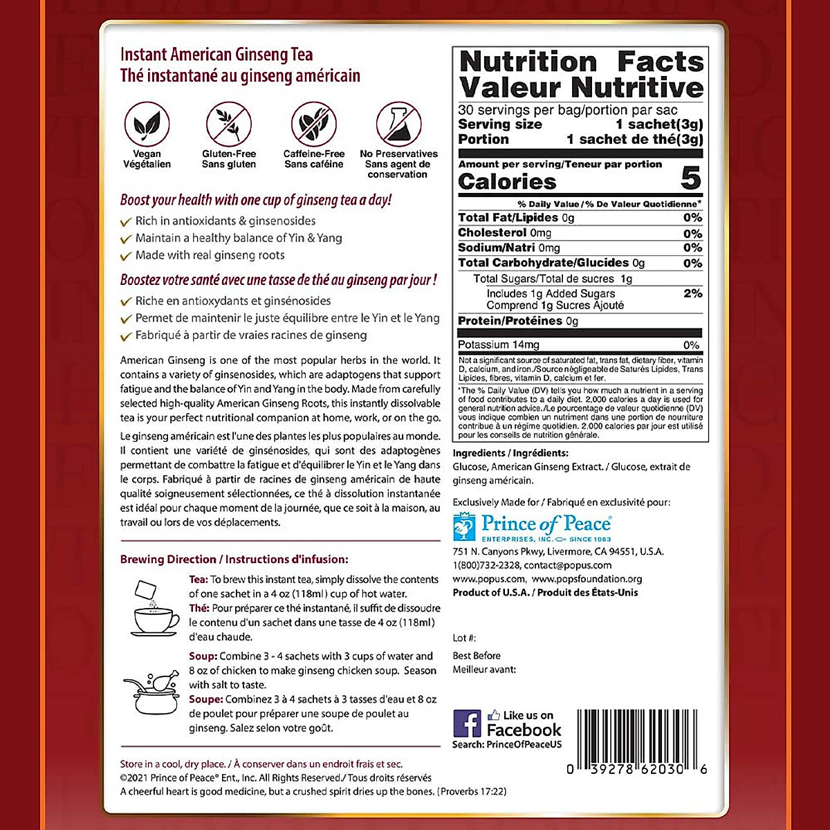 Prince of Peace Instant American Ginseng Tea, 30 Sachets – Healthy Drink, Caffeine-Free Energy-Boosting, Heavy Antioxidants, Made in The USA, Plant Extracts