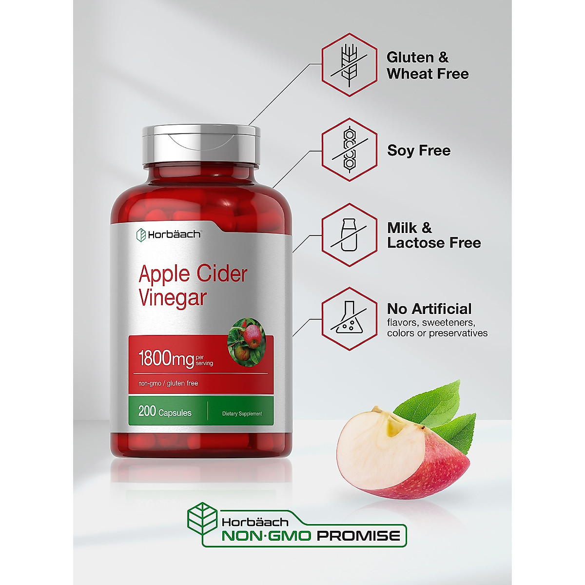 Horbäach Apple Cider Vinegar Capsules | 1800mg | 200 Pills | Non-GMO, Gluten Free Supplement