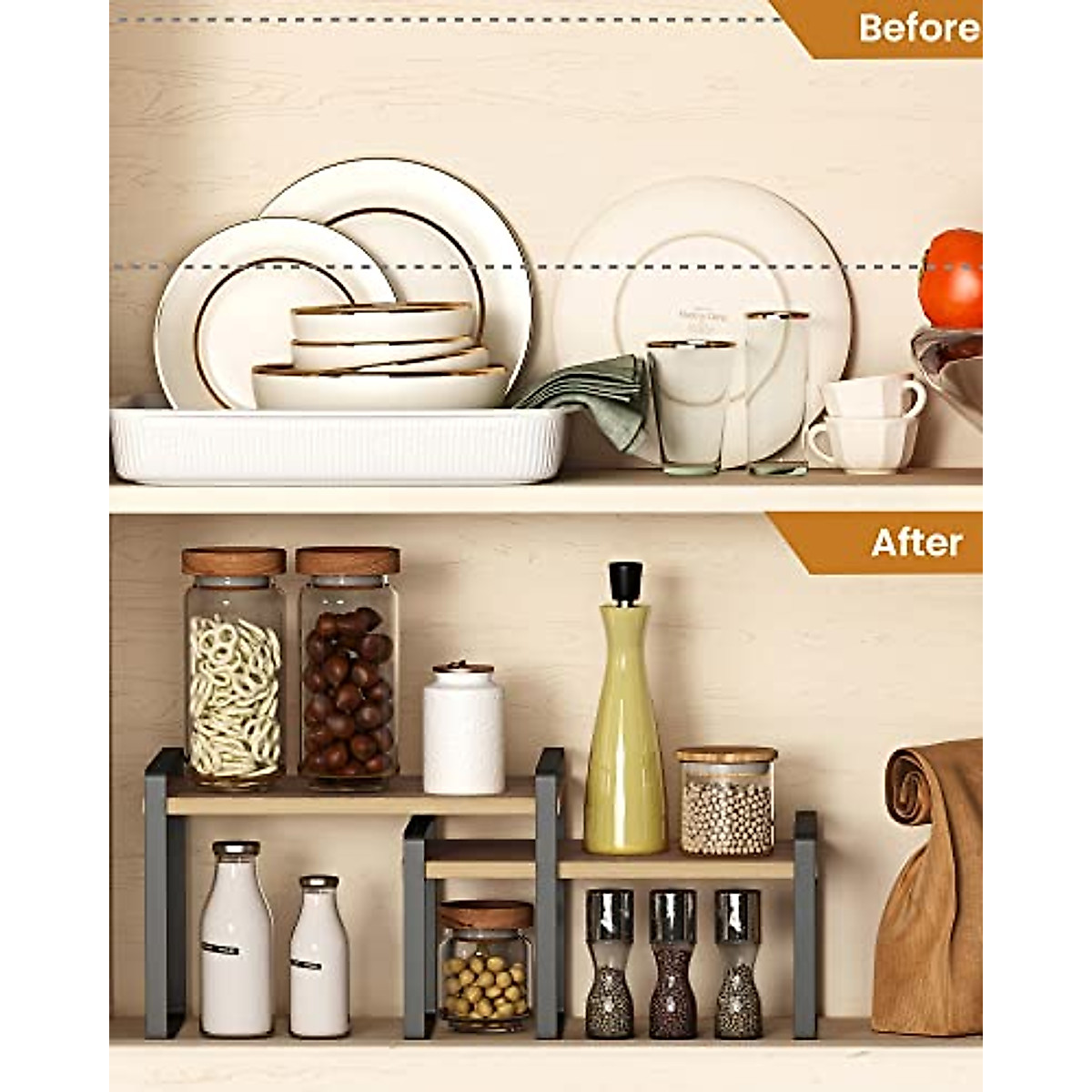 HILINSIE Cabinet Organizer Shelf- Set of 2 Kitchen Counter Shelves, Expandable Spice Racks, Stackable Counter Top Shelf, Engineered Wood and Metal, 7.7 x 11.6 x 14 Inches, Natural and Black