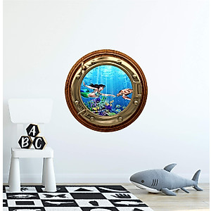 Porthole Window Wall Sticker Mermaid Sea Turtle 1 Braswood Port Scape Decal Ocean Fantasy Tropical Reef Sea Life Kids Room Decor Peel and Stick Vinyl 12 inch