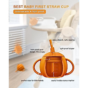 BRVTOT 3 in 1 Training Cups for Baby & Toddler 7 oz, Spill Proof Toddler Straw Cup & Snack Containers Cup with DustProof Lid, BPA Free Silicone Baby Sippy Cup for 1+ Year Old, Cute Pumpkin Baby Gifts