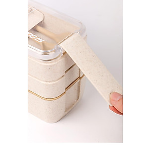 LETSKAB 2-Piece 3-in-1 Compartment Wheatgrass Bento Lunch Box Stackable lunch containers Leak Proof Eco-Friendly Adult Meal Prep Lunch box Container (Pink/Beige)