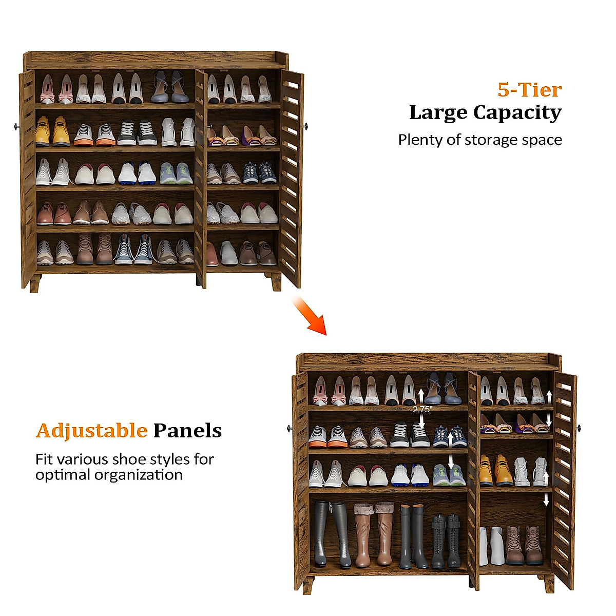 VINGLI Large Shoe Cabinet with 3 Doors 6-Tier Ultra Wide Shoe Cabinet Storage for Entryway 30 Pairs Tall Shoe Organizer Cabinet Wooden Farmhouse Shoe Rack Cabinet Rustic Brown