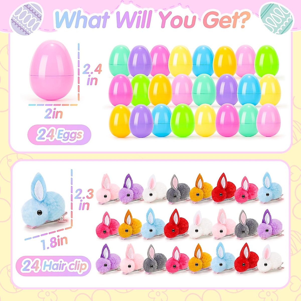 SevenQ Easter Eggs Fillers with Bunny Hair Clips Colorful 24 Pack, Easter Basket Stuffers Party Favors Gift Bags for Kids Cute Stuff Plush Fidget Toys Classroom Treasure Box Egg Hunt Games Supplies