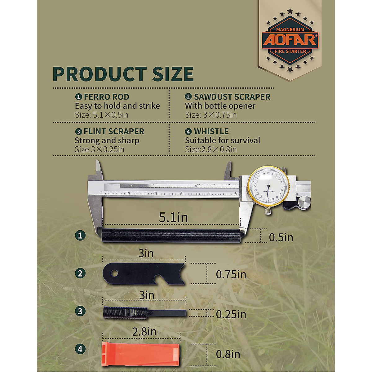 AOFAR Fire Starter, AF-376 Ferrocerium (Ferro) Rods, Fire Starter Kit with Two Multi-Tool Fire Strikers, 80dB Survival Whistle, Paracord Lanyard for Camping, Hiking, Emergency Rescue (1/2 * 5.1 Inch)