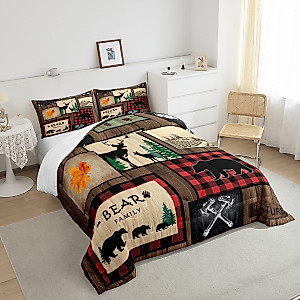 Manfei Rustic Comforter Set King Size, Wildlife Deer Bear Trees Print Quilt Set with 2 Pillowcases, Farmhouse Style Camping Bedding Set 3pcs for Kids Boys Teens Bedroom Decor