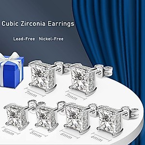 18K White Gold Plated Sterling Silver Princess Cut Cubic Zirconia Stud Earrings Square Simulated Diamond CZ Stud Earrings for Women Men Hypoallergenic (7MM, White Gold)