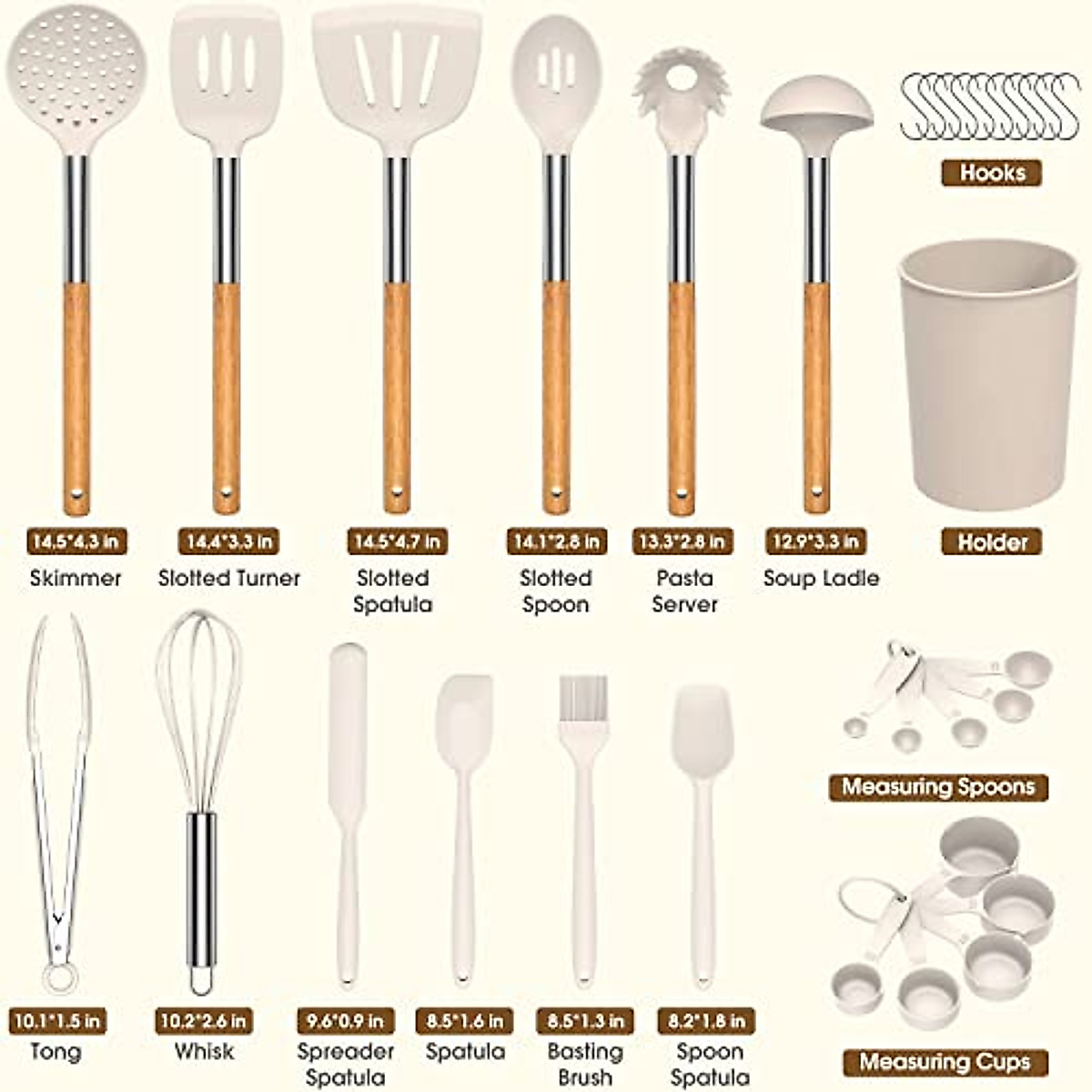 AHNR 33 Pcs Silicone Cooking Utensils Set, 446°F Heat Resistant Kitchen Utensils, Spatula, Spoon, BPA Free Wooden Handle Silicone Kitchen Gadgets Utensil Set with Holder for Non-Stick Cookware Khaki