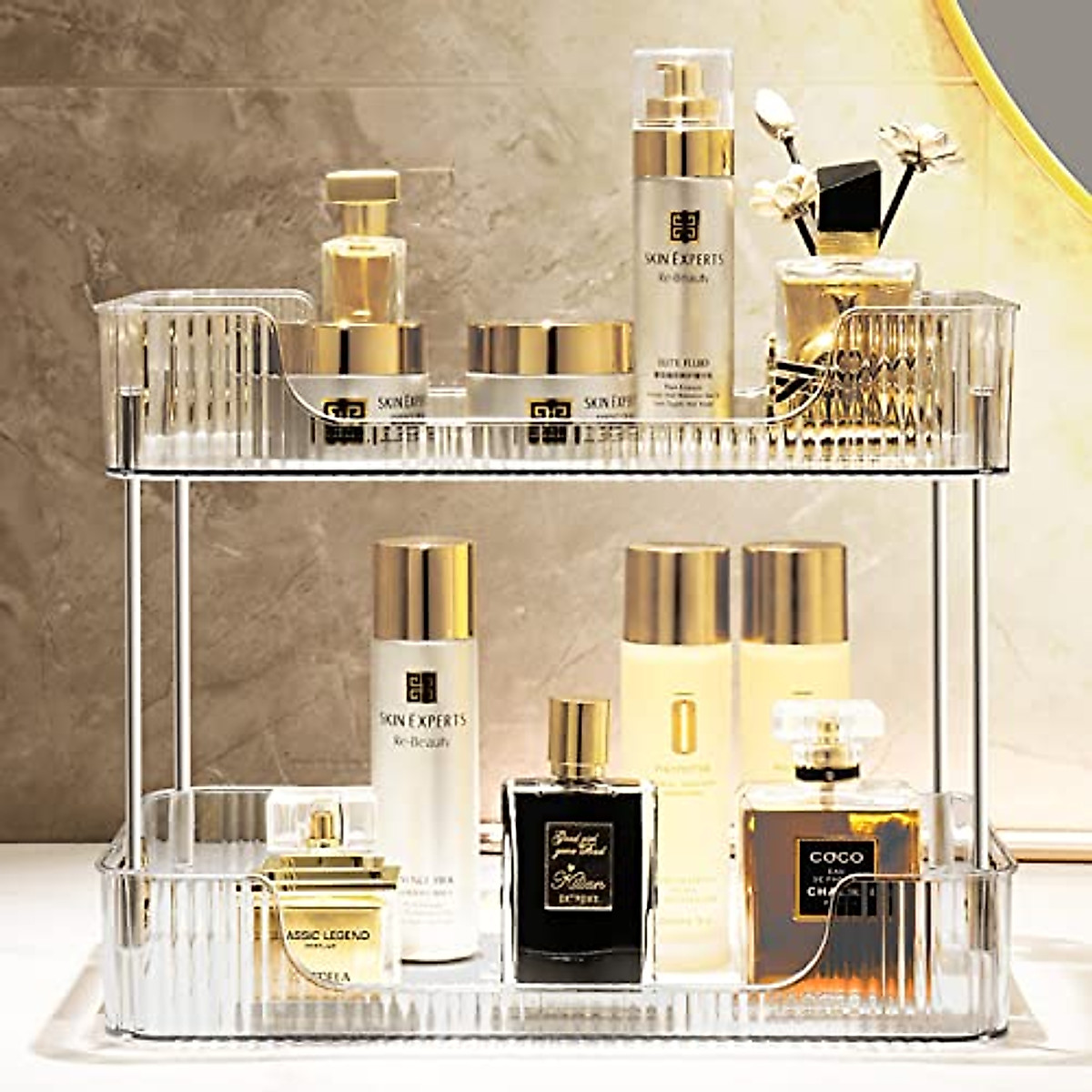 ICCGBHGO Bathroom Organizer Countertop, Bathroom Vanity Dresser Counter Shelf Storage, Clear Lotion Makeup Organizer Tray, Spice Under Sink Organizer Cabinet Rank for Bathroom Kitchen 2Tier