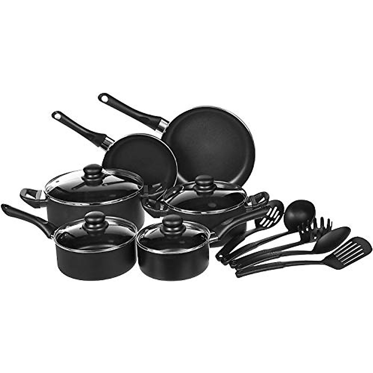 Amazon Basics Non-Stick Cookware Set, Pots, Pans and Utensils - 15-Piece Set & 18-Piece Kitchen Dinnerware Set, Dishes, Bowls, Service for 6, White