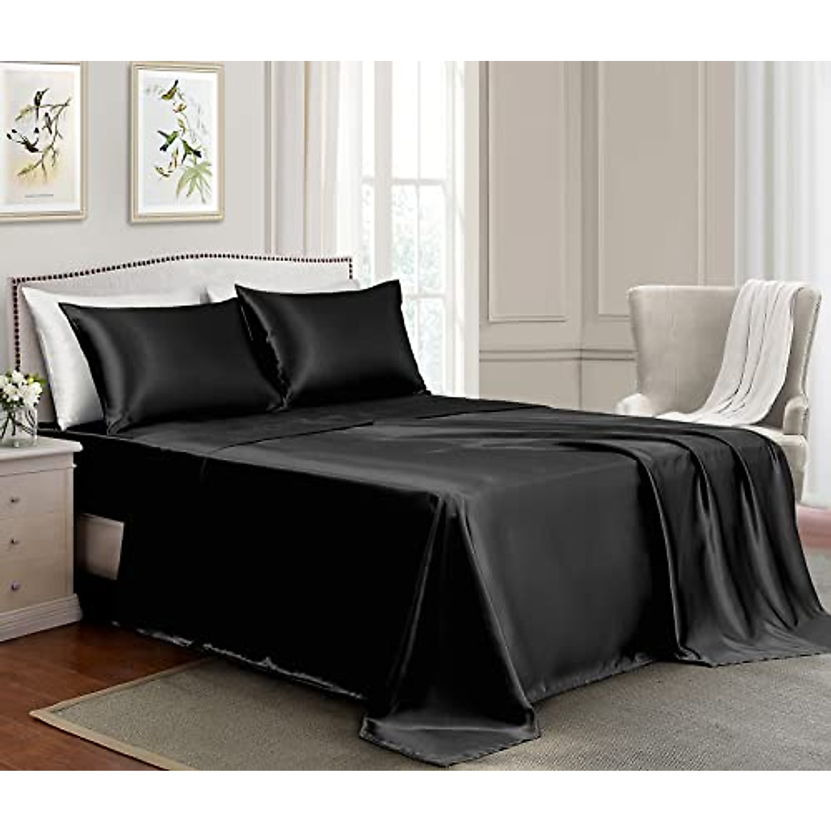 GOLAL Satin Sheets Full Size - 4 Pieces Luxury Silky Soft Bed Sheets, Wrinkle-Free Black Satin Silk Sheet Set with 1 Deep Pocket Fitted Sheet, 1 Flat Sheet, 2 Pillow Cases