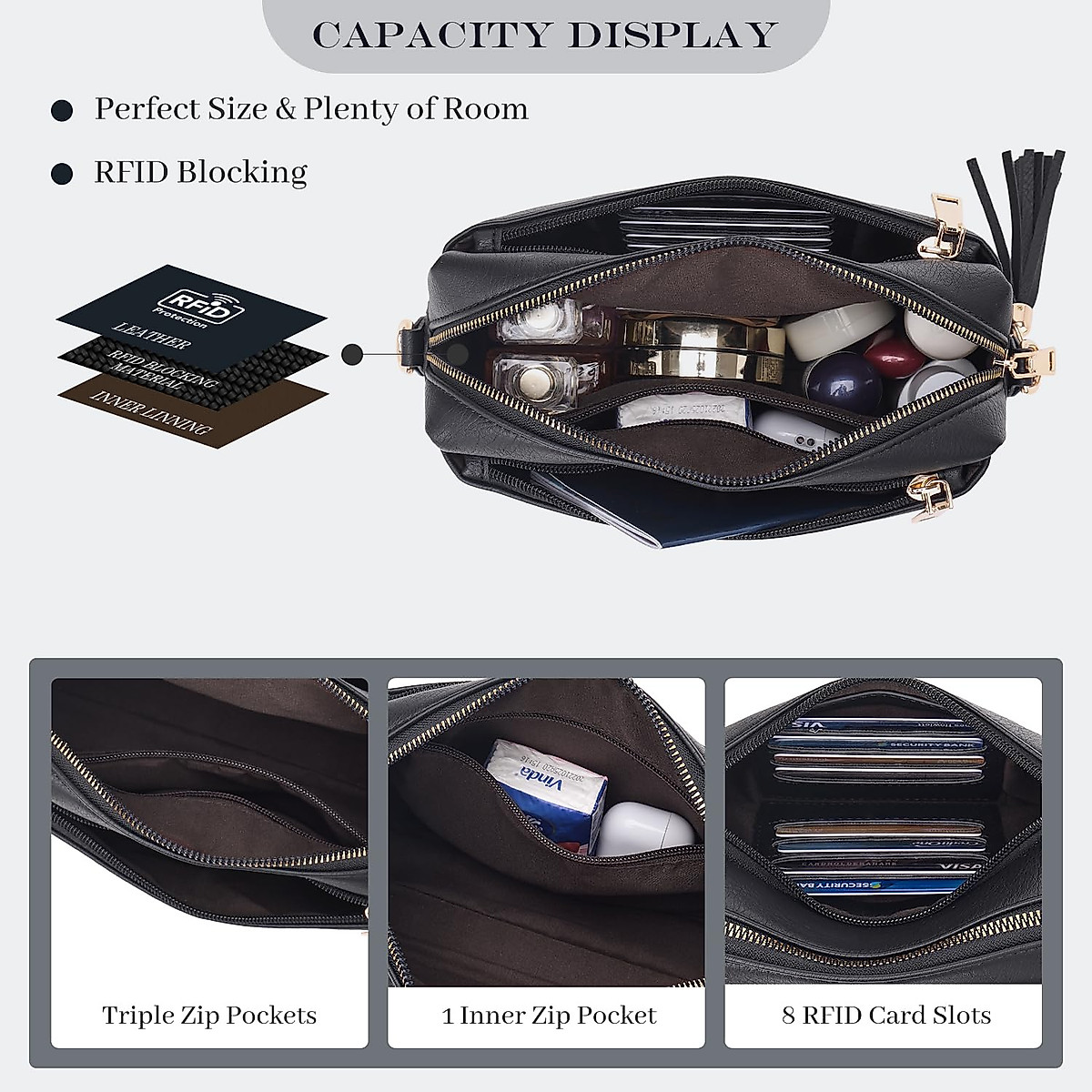 Roulens Triple Zip Small Crossbody Bag for women,Wide Strap Cell Phone Purse Shoulder Handbag Wallet with Credit Card Slots