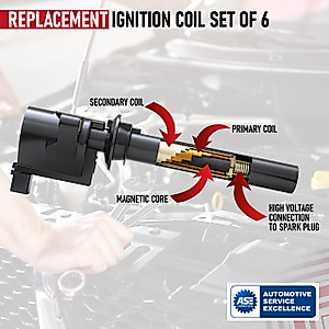 Ignition Coil Pack Set of 6 - Compatible with Ford, Mazda, Mercury 3.0L V6 Models - Replaces 18LZ-12029-AB, 18LZ-12029-AA, 2M2Z-12029-AC, DG500, DG513 - Fits 01, 02, 2003, 2004, 2005 Escape, Taurus