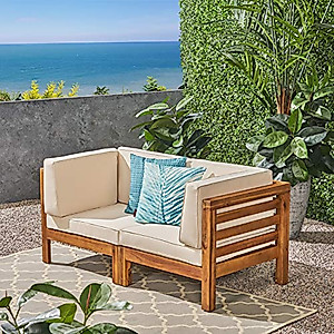 Great Deal Furniture Dawson Outdoor Sectional Loveseat Set - 2-Seater - Acacia Wood - Outdoor Cushions - Teak and Beige