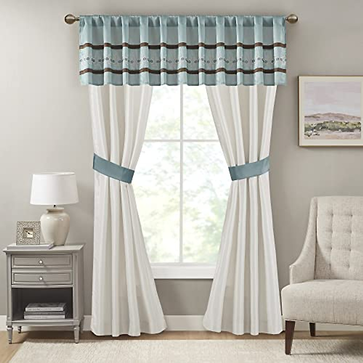 Madison Park Essentials Jelena Room in A Bag Faux Silk Comforter Classic Luxe All Season Down Alternative Bedding, Matching Bedskirt, Curtains, Decorative Pillows, Queen(90"x90"), Seafoam 24 Piece