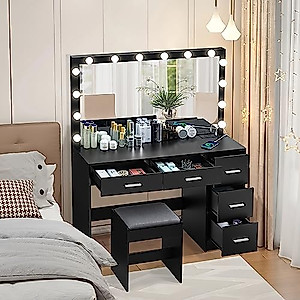 usikey 47.2" Large Vanity Desk with Large Lighted Mirror, 14 Lights, Makeup Vanity Table with 5 Large Drawers & Charging Station, Makeup Vanity Desk, Vanity Table Set for Bedroom, Black