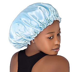 Cospack Satin Bonnet Sleep Bonnet Cap - Extra Large Double Layer Reversible Adjustable Satin Cap for Sleeping Hair Bonnet (L.blue+Beige)