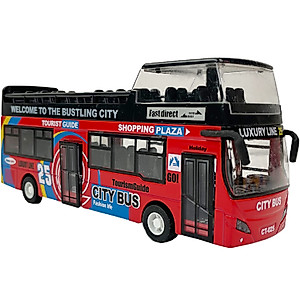 Liberty Imports 1:32 Scale Die Cast Sightseeing Tour Bus Toy Pull Back Vehicles | Mini Double Decker Tourist Open Top Bus Model Car | Pullback Action Toys with Lights and Music (Red)