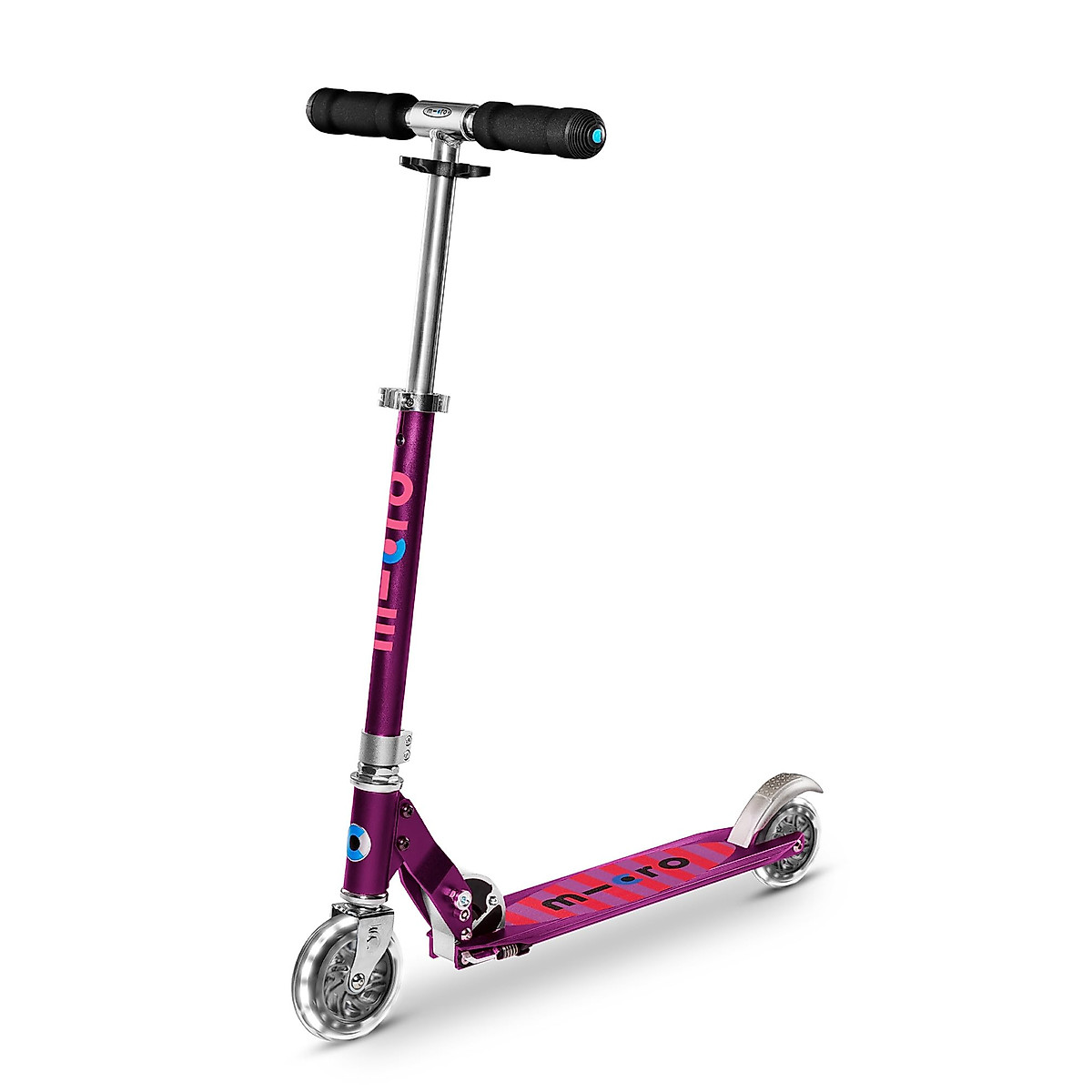 Micro Kickboard- Sprite LED - 2 Wheeled Kick Scooter Ages 6+, fold-to-Carry, Lightweight, Portable Scooter with Motion-Activated Light-up Wheels (Purple Stripe)