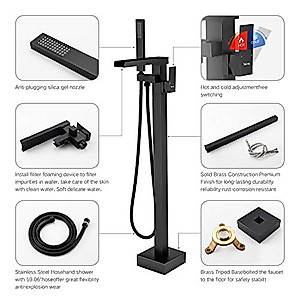 TapLong Freestanding Bathtub Faucet Tub Waterfall Filler Floor Mount Bathroom Faucets Brass Single Handle with Hand Shower High Flow Rate Max 6 GPM (Matte Black)
