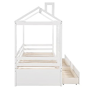 Merax House Bed with Two Drawers, Window and Roof, Twin Size Wood Storage Bunk Bed Daybed Can be Decorated for Girls, Boys (White)