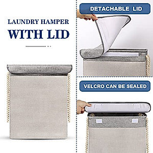 POBOMVOM 60L Laundry Basket with Lid, Hampers for Laundry with Rope Handles Waterproof Lining Detachable Brackets Dirty Clothes Hamper for Bedroom, Bathroom Dorm Organization (19 inches, Light Grey)