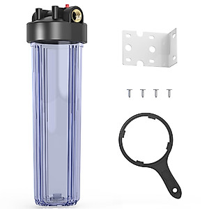 MewMore WHT20 20"x4.5" Whole House Water Filter Housing, Fit Sediment etc Filters for Well and City Water, Big Filter Blue Pre-Filtration System for Home, 1" NPT Port, Pressure Release (Clear Housing)