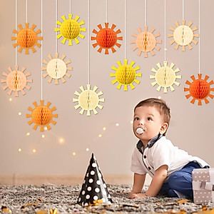 12PCS Boho Sun Party Decorations Balls Boho Sun Birthday Party Hanging Pom Poms Honeycomb First Trip Around The Sun Boho Sun Party Tissue Balls for Hippie Retro Themed Baby Shower Birthday Supplies