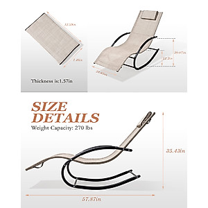 Crestlive Products Patio Rocking Chair Curved Rocker Chaise Lounge Chair with Pillow for Beach Yard Pool Outdoor Indoor, Gray Steel Frame (Beige)