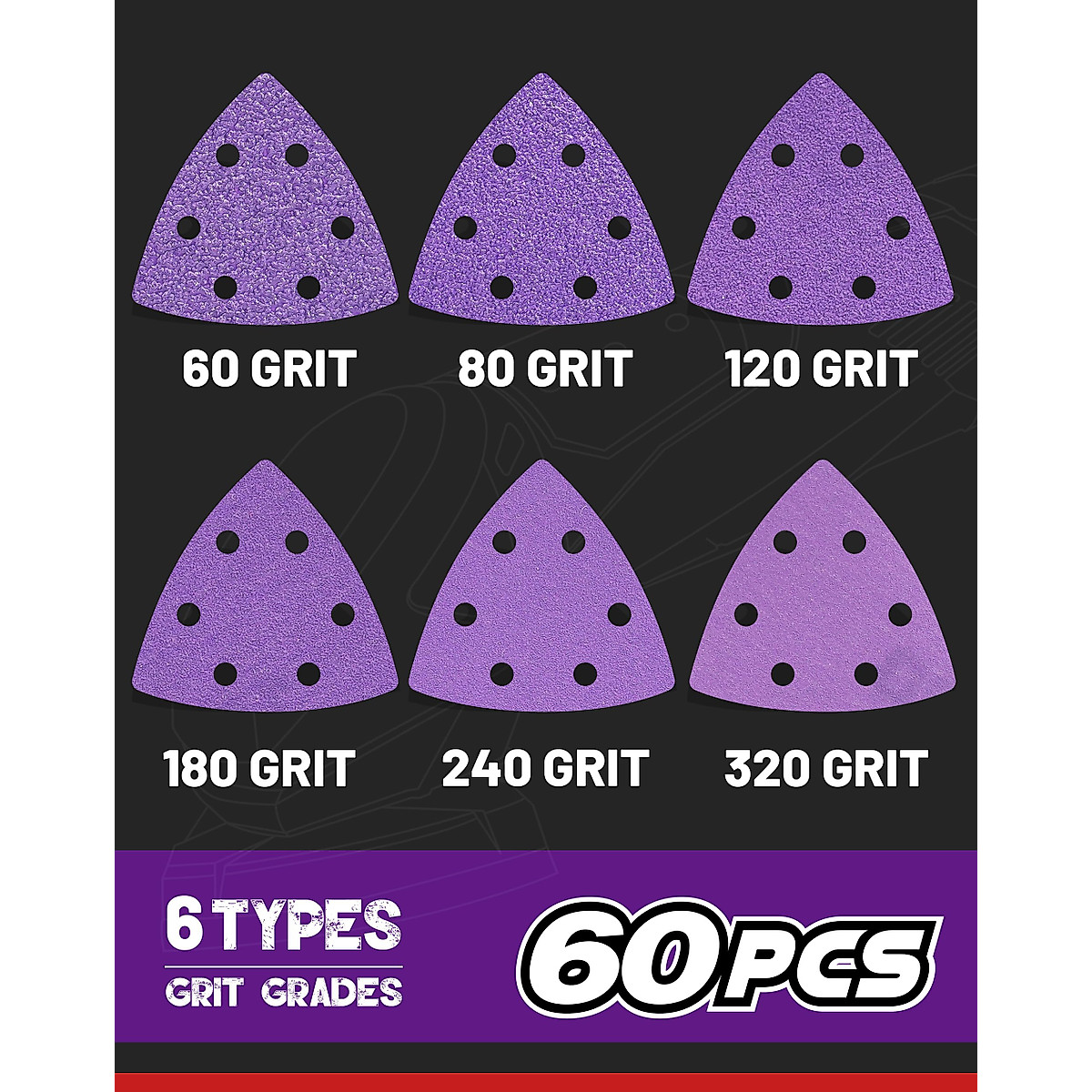EZARC 60 PCS Zirconia Triangle Sanding Pads, 3-3/4 Inch Hook & Loop 60/80/120/180/ 240/320 Grit Multitool Sandpaper, Fits 3-1/2" and 3-3/4" Oscillating Tool Sanding Pad for Polish Sanding