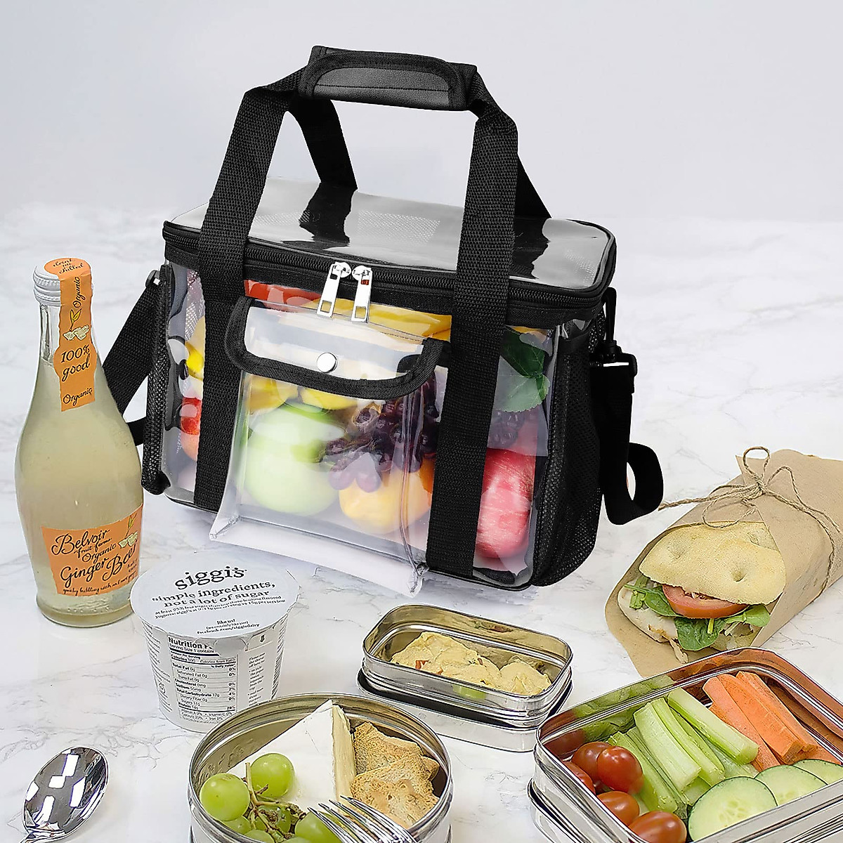DST Gainbow Clear Lunch Bags For Work, 24-Can Large Transparent Lunch Bag Stadium Approved, Clear Tote Bag with Adjustable Strap and Front Pocket for Men Women(12"x 9" x 9" Black)