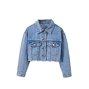 Verdusa Girl's Raw Hem Long Sleeve Single Breasted Crop Denim Jacket Outerwear Light Blue 9Y