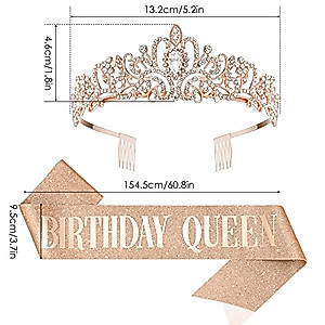 Makone Birthday Tiara for Women, Birthday Queen Crowns with Birthday Girl Sash, Crown for Girls Rose Gold, Rhinestone Tiaras with Combs, Crystal Headband Hair Accessories Glitter Sash for Party